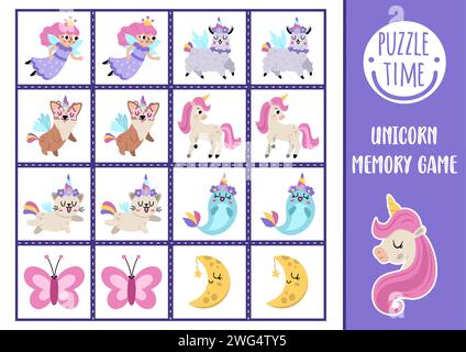Vector unicorn memory game cards with cute fairy princess. Magic ...