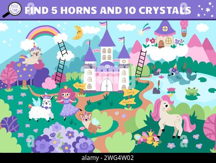 Unicorn vector searching game with magic village landscape. Spot hidden ...
