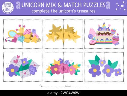 Vector unicorn mix and match puzzle with cute fairy, half-moon, castle ...