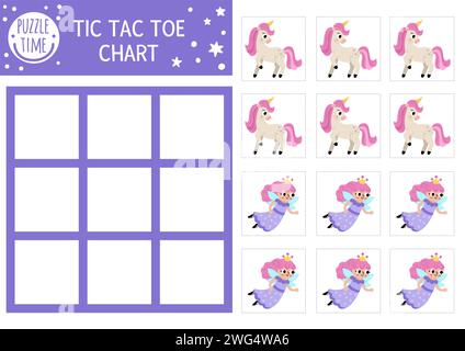 Vector unicorn tic tac toe chart with cute half-moon and star. Magic ...