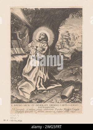 H. Bruno kneeling in a cave, Claude Mellan, 1636 - 1653 print France paper engraving the founder ...