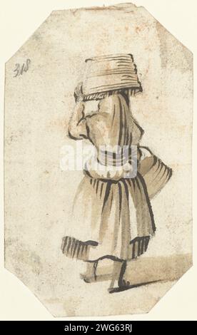 Woman with buckets and a scarf over her head, from behind Stock Photo ...