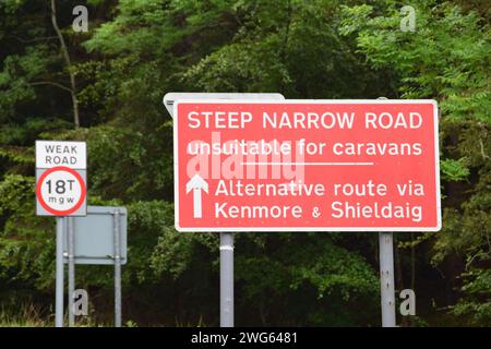 Warning sign at the start of the Applecross pass road Scotland Stock ...