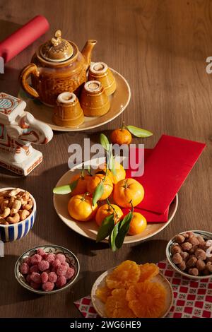 Teapot, cups of tea, envelopes and Chinese symbols on red background ...
