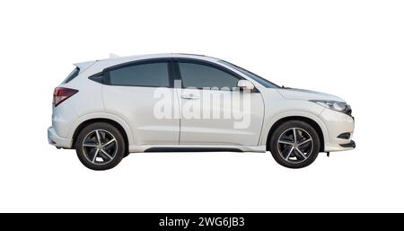white hatchback car is isolated on white background with clipping path ...