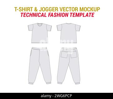 Technical flat sketch illustration of jogger pants front and back view ...