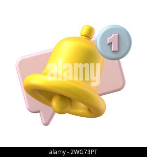 Notification bell on speech bubble with text 3d render. Cute cartoon ...