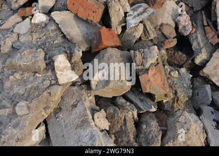Construction trash, various construction stones, broken bricks, broken ...