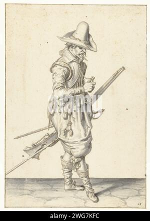 Soldier who holds his musket with his left hand on his right side ...