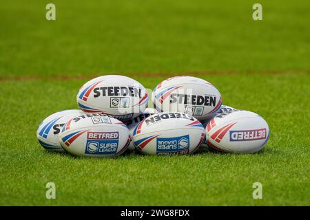 General view of Steven Rugby Balls baring Warrington Wolves, BetFred ...