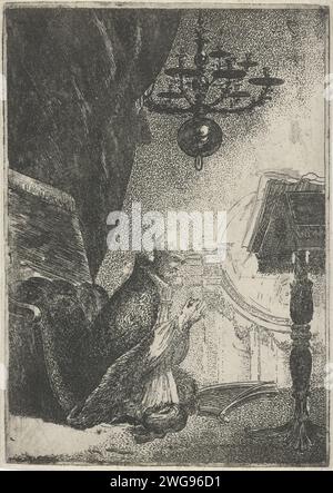 David in prayer. King David prays in a room to God. Next to him are his ...