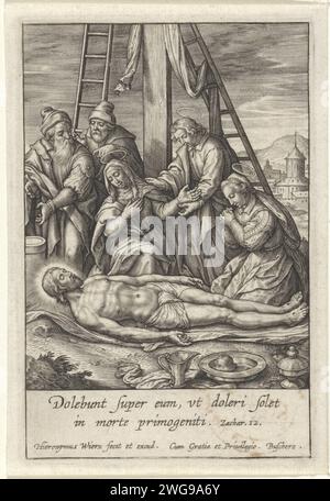 Bewening van Christus, Hieronymus Wierix, 1563 - before 1619 print The body of Christ is laid ...