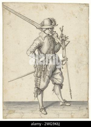 Soldier who wears his musket on his left shoulder and holds his furks ...