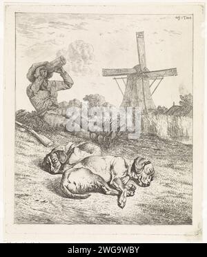 Resting hunter with sleeping dogs. In the background a windmill ...