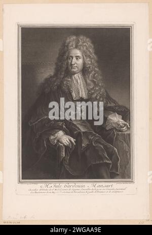 Portret van Jules Hardouin -Mansart, Gerard Edelinck, after Hyacinthe ...