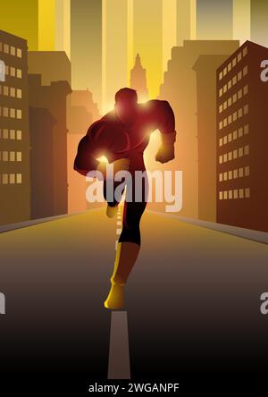 Cartoon illustration of a superhero running on comic dots or raster red ...