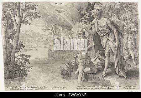 Baptism of Christ, Antonie Wierix (II), After Maerten de Vos, 1646 print Christ is baptized by ...