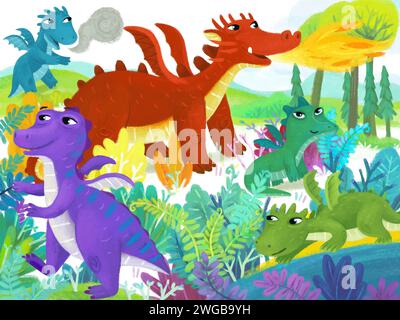 cartoon scene with different smiling dinos dinosaurs in the jungle ...
