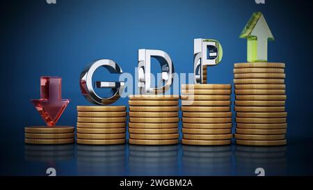GDP word, rising and falling arrows and coins. Gross domestic product ...
