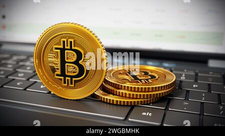 Generic crypto currency coins standing on laptop computer keyboard. 3D ...