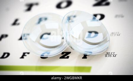Set of optical lenses standing on eye test chart. 3D illustration Stock ...