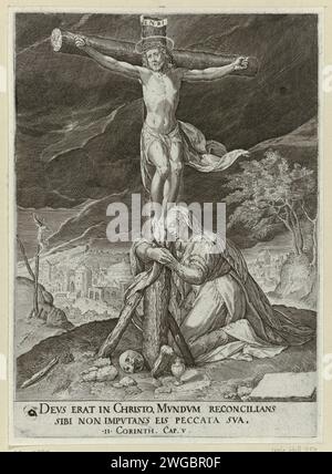 Maria Magdalena kneeling at the Crucified Christ, Raphaël Sadeler (I), 1617 print The crying ...