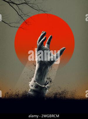 Scary zombie hand coming out of a grave and holding a smartphone with ...