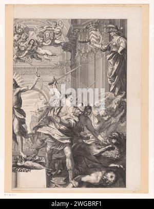 Allegorical figures with coats of arms on a fountain, Views of ...