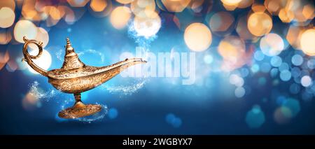 Precious magic lamp with smoke and golden bokeh background, wish ...