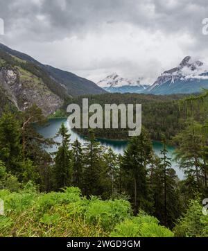 Blindsee summer landscape. Overcast day. Fernpass, Austria, Zugspitze ...