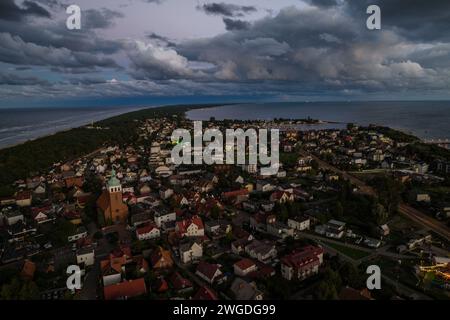 Aerial view of sunset in Hel penisula Jastarnia Puck Bay Baltic Sea ...