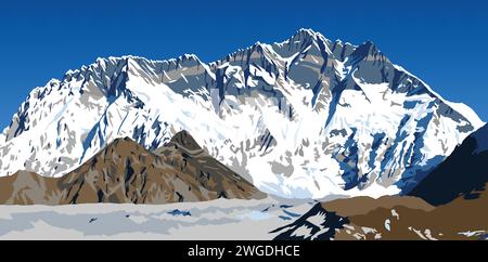 Mount Lhotse south rock face and stone pyramid, vector illustration, Khumbu valley, Everest area ...