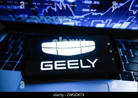 In this photo illustration, a Geely logo is seen displayed on a ...