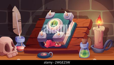 Wizard magic school room with witch book, potion cartoon vector set ...