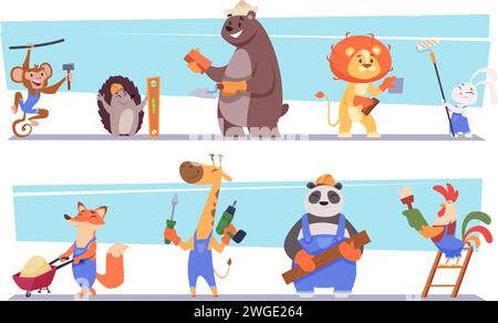 Funny bear cartoon in builder costume with tools. Vector cartoon ...