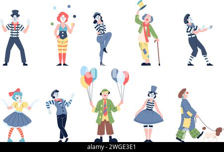 Vector set with clowns. Circus artists clipart. Amusement holiday icons pack. Cute funny ...