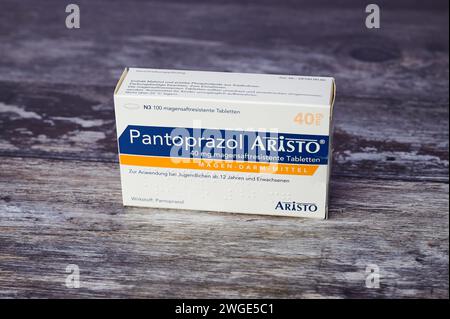 German medicine box with the drug Pantoprazole from the pharmaceutical ...