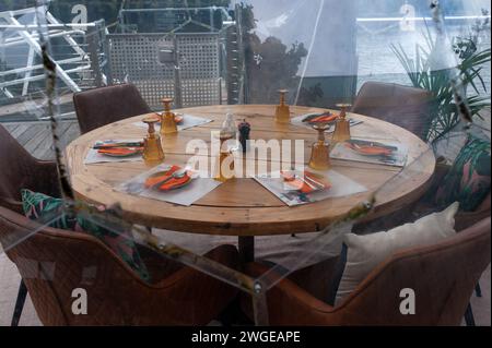 Restaurant tables in domes in Boardwalk Lapps Quay, Cork Stock Photo ...