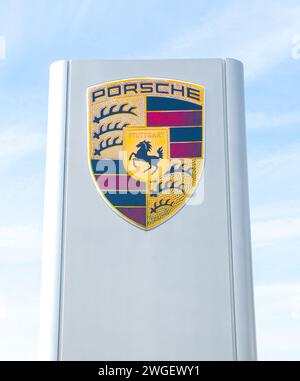 OCALA, FLORIDA USA - January 3, 2024 Porsche dealership with red logo ...
