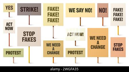 Colorful protest signs with slogan on wooden holder. Realistic vector ...