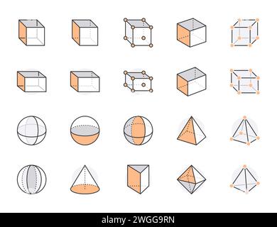 Solid figures linear icons set. Cube, Pyramid, Sphere, C, Cylinder ...