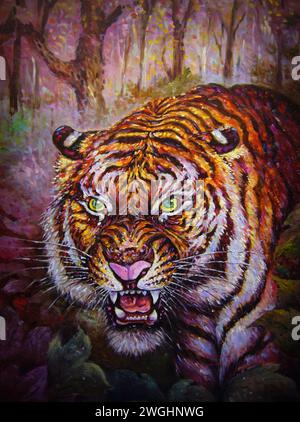 Art painting oil color Tiger in Dark From Thailand , panthera tigris ...