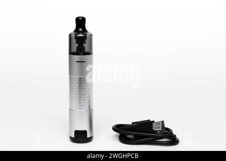 Vaping device, vape, pod, kit silver color on white background, side ...