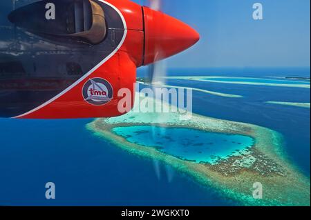 Aerial view of atolls forming part of the Maldives island chain in the ...