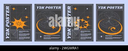 Retro futuristic vibe flyer templates set. Vector illustration of y2k ...