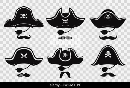 Pirate captain photo booth mask of tricorn and eyepatch, cartoon vector. Caribbean pirate or ...