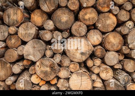 Wall made with a pile of chopped logs of different sizes. log pile ...