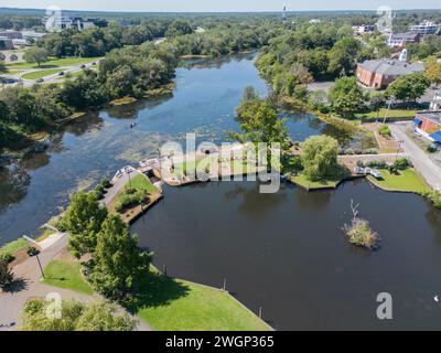 Aerial overhead view of the town of Riverhead New York located in ...