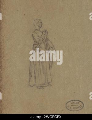 Standing woman with a piece of fabric. Possibly a seamstress. Leaf 19 ...