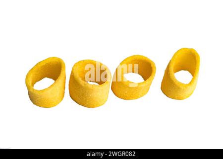 Four Potato hoop shaped snacks isolated on a white background Stock ...